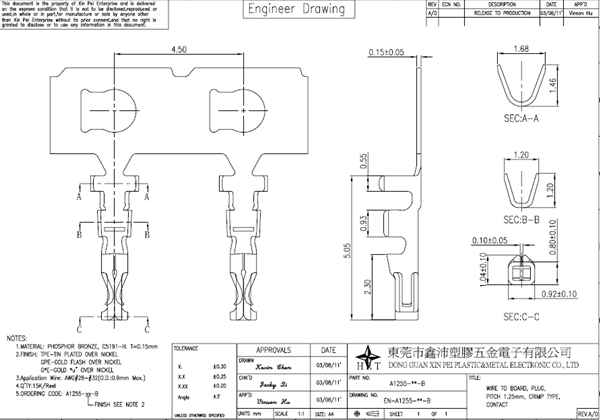 UL94V-0 Gold-plating Connector Crimp Terminals With 1.25mm Pitch Tin ...