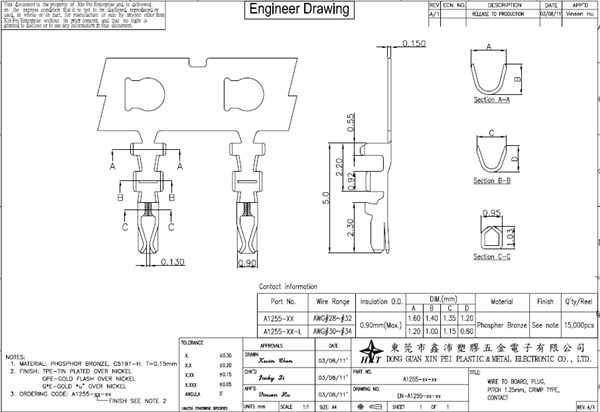 UL94V-0 Gold-plating Connector Crimp Terminals With 1.25mm Pitch Tin ...