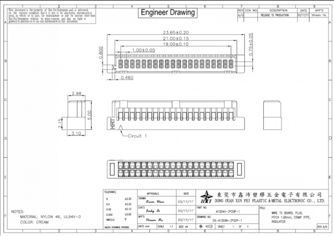 Phosphor Bronze Pitch 1.0mm Wire To Board Connectors Dual Row With PA46 ...