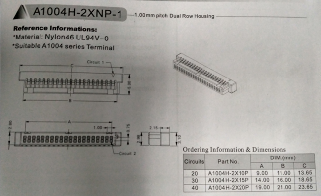 Phosphor Bronze Pitch 1.0mm Wire To Board Connectors Dual Row With PA46 ...